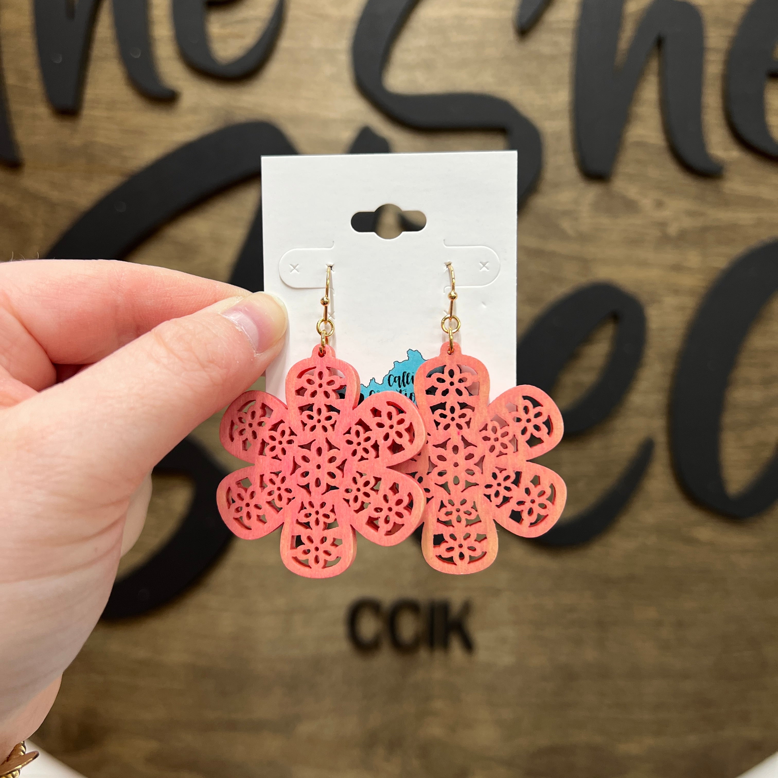 Pink Wooden Flower Earrings – Calligraphy Creations In KY