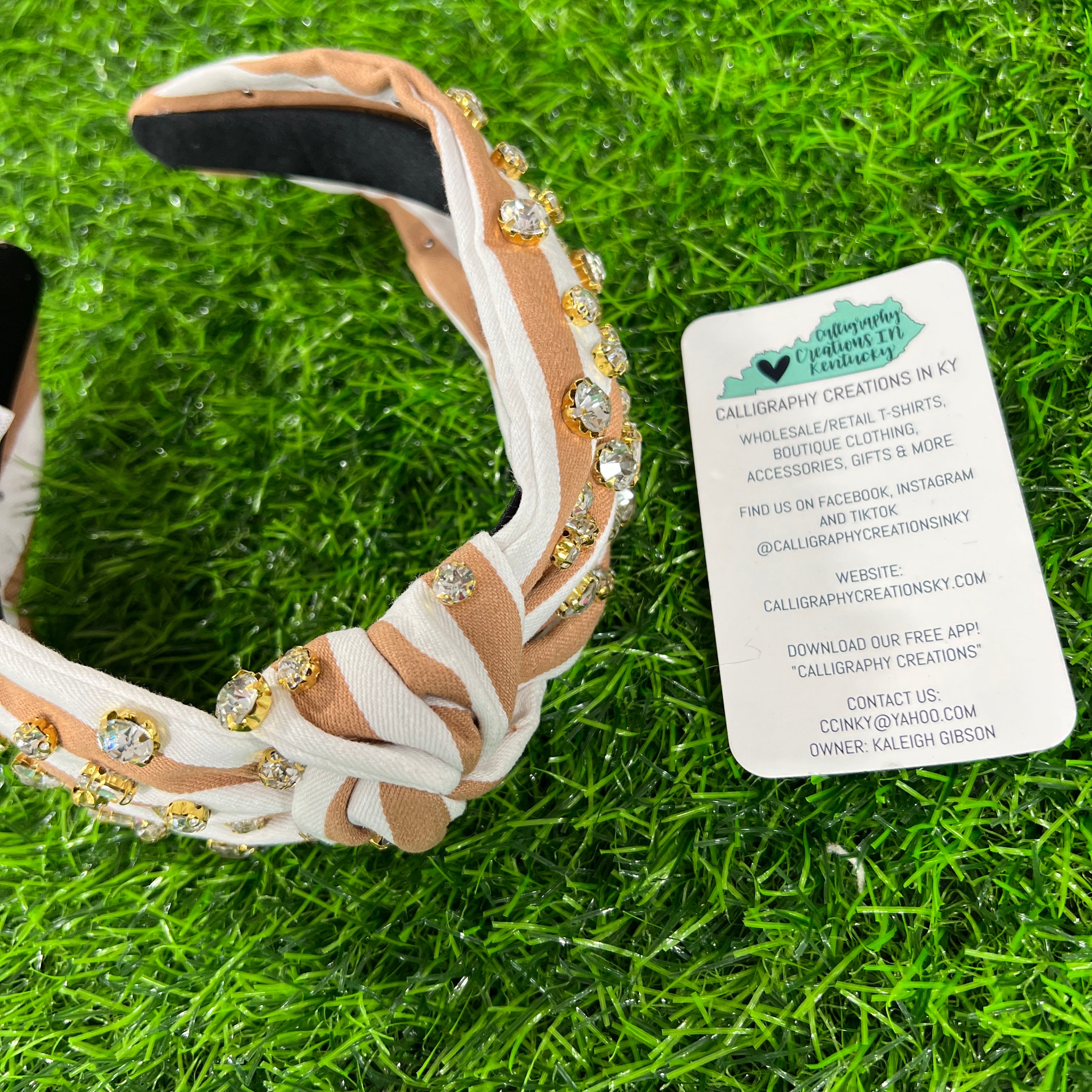 Tan/White Stripe With Crystals Headband – Calligraphy Creations In KY